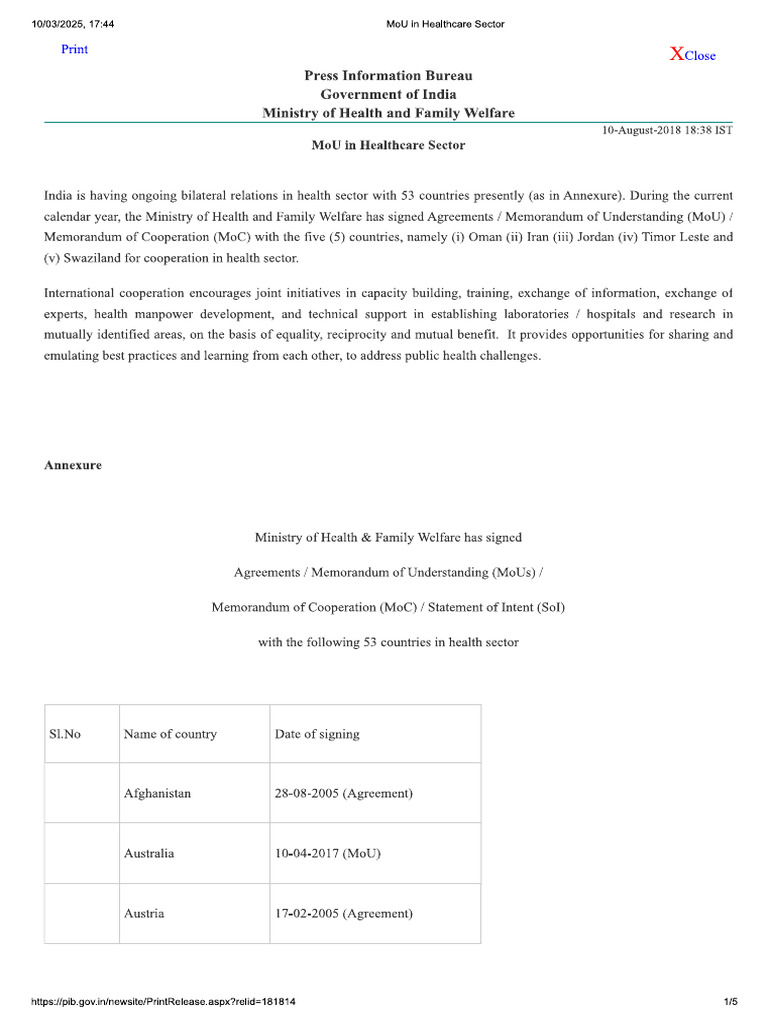 List of Countries With MOU For Healthcare Workers With India | PDF