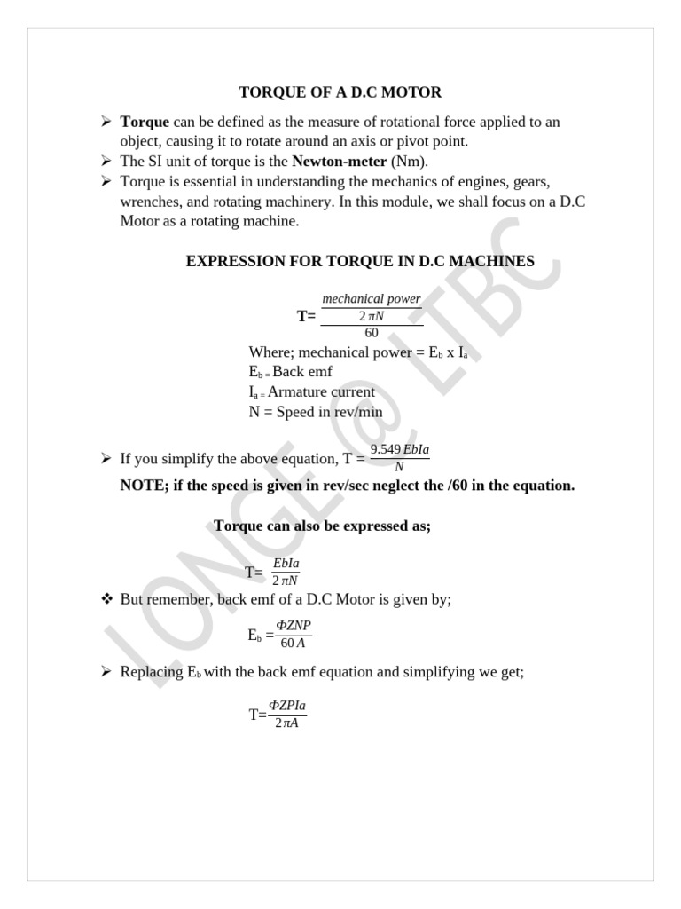 Torque Calculations in D.C. Motors | PDF | Electric Motor ...