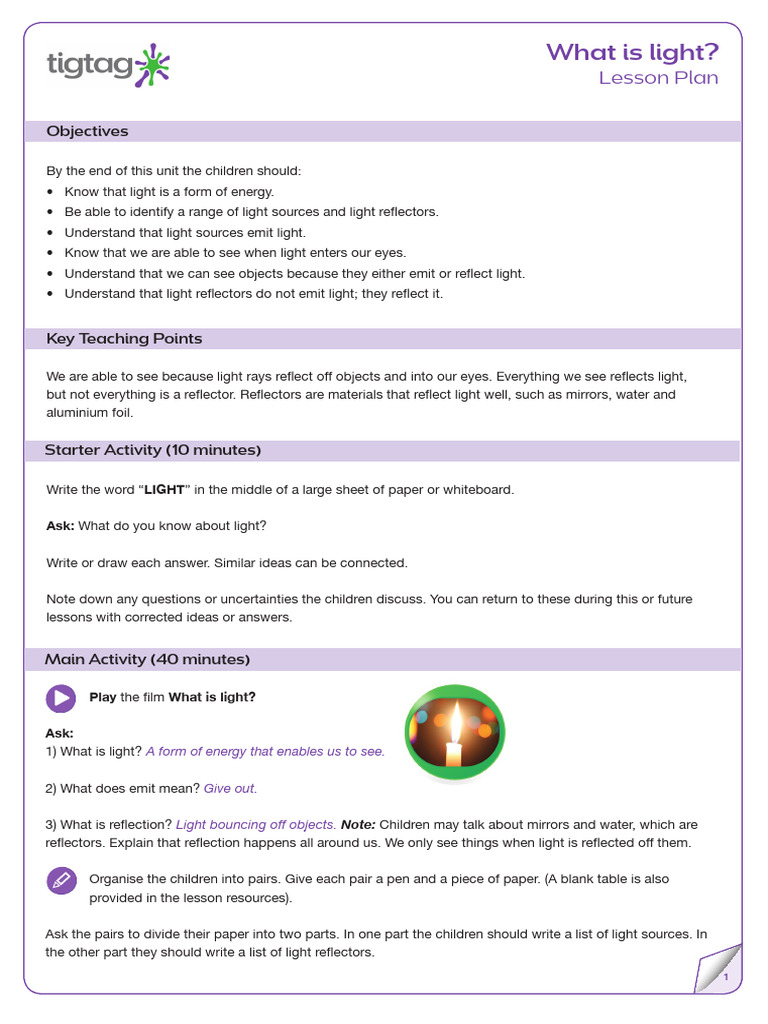 Lesson Plan What Is Light | PDF | Light | Mirror