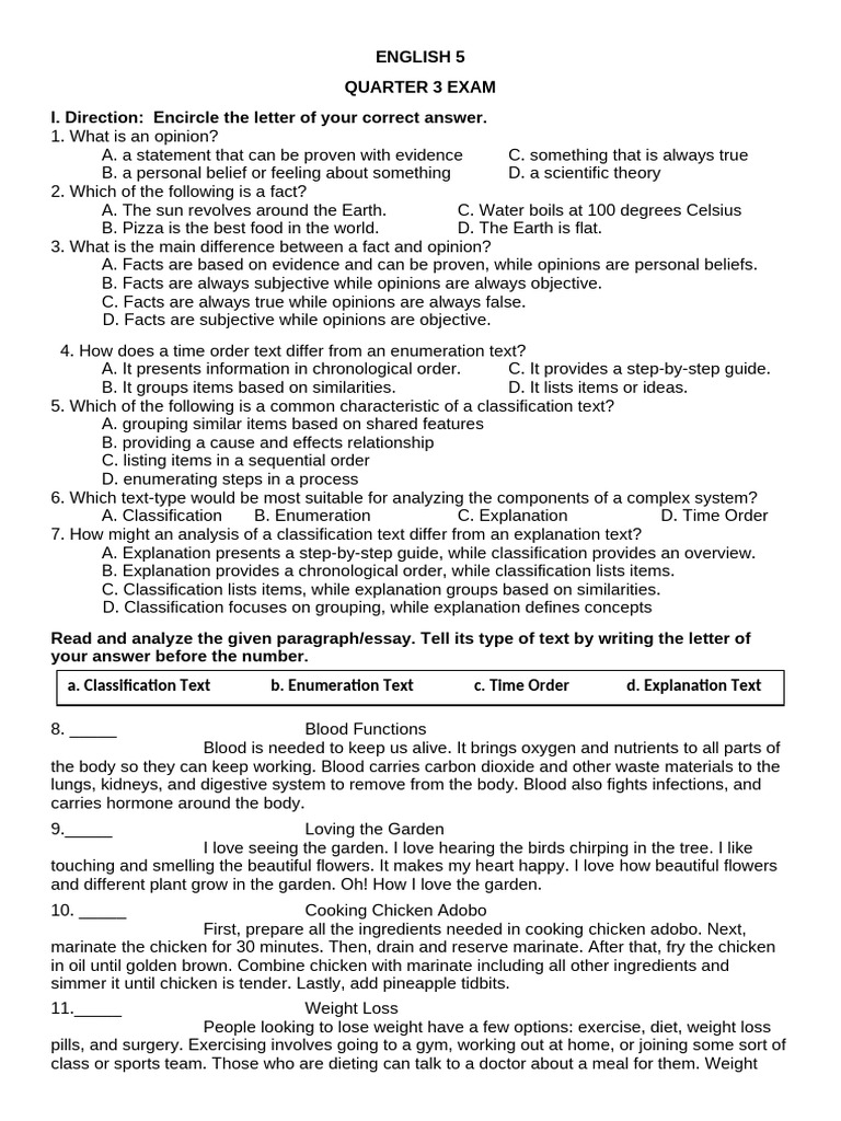 ENGLISH 5 Q3 REVIEW Test | PDF | Narrative | Blood
