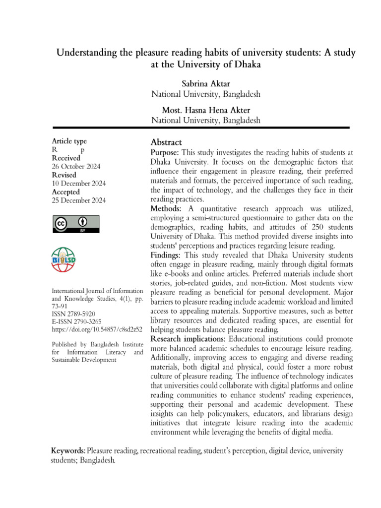 Understanding the pleasure reading habit of university students | PDF