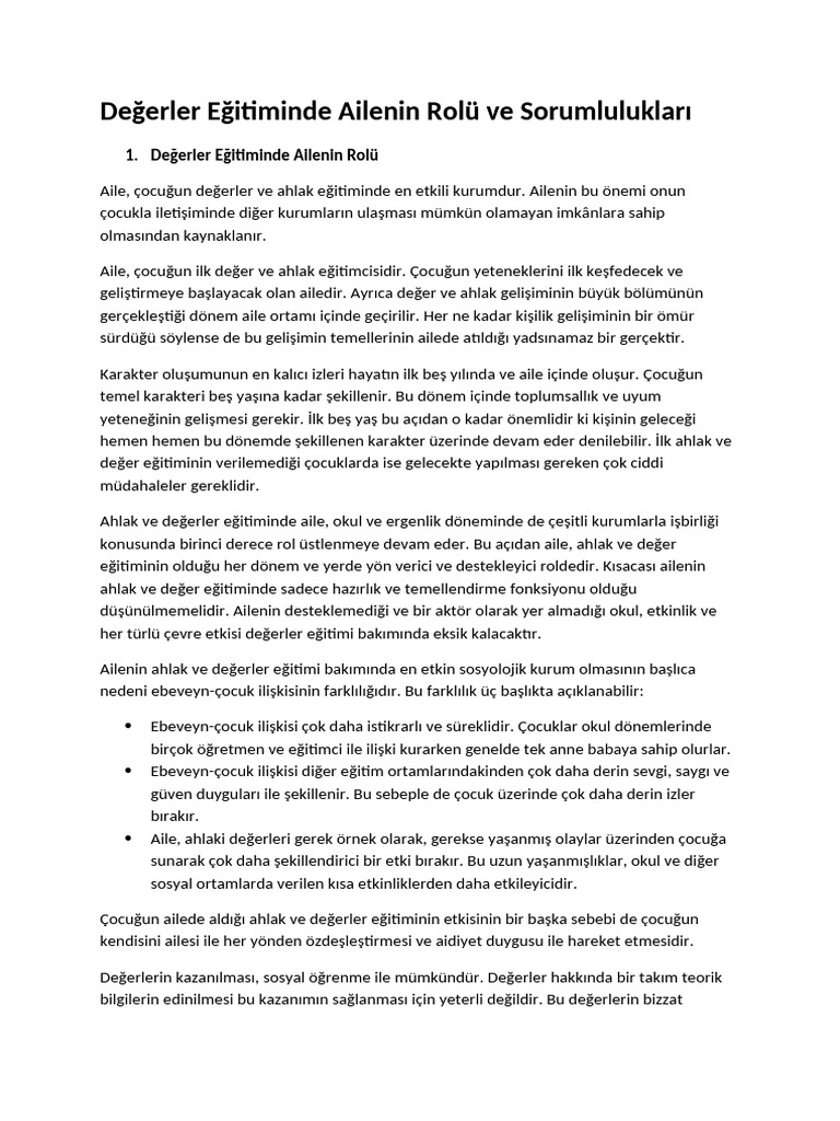 Degerler Egitiminde Ailenin Rolu Ve Sorumluluklari | PDF