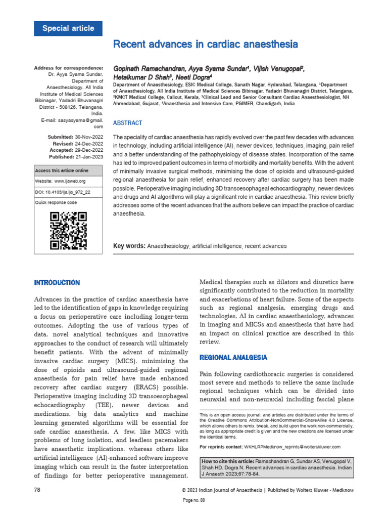 Recent Advances in Cardiac Anaesthesia.13 | PDF | Anesthesia | Heart