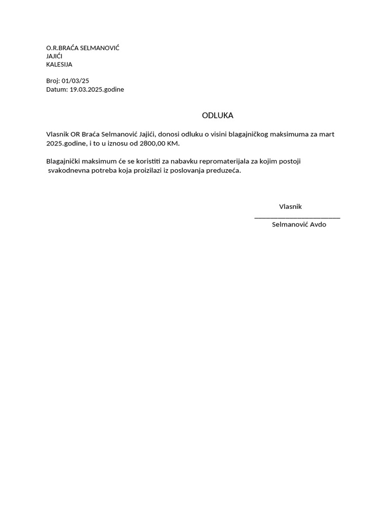 BRACA SELMANOVIC Odluka Blagajnicki Maksimum 2025 Godina Mart | PDF