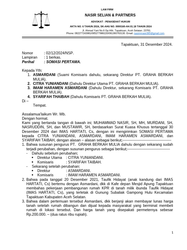 Somasi Taufik Hidayat | PDF