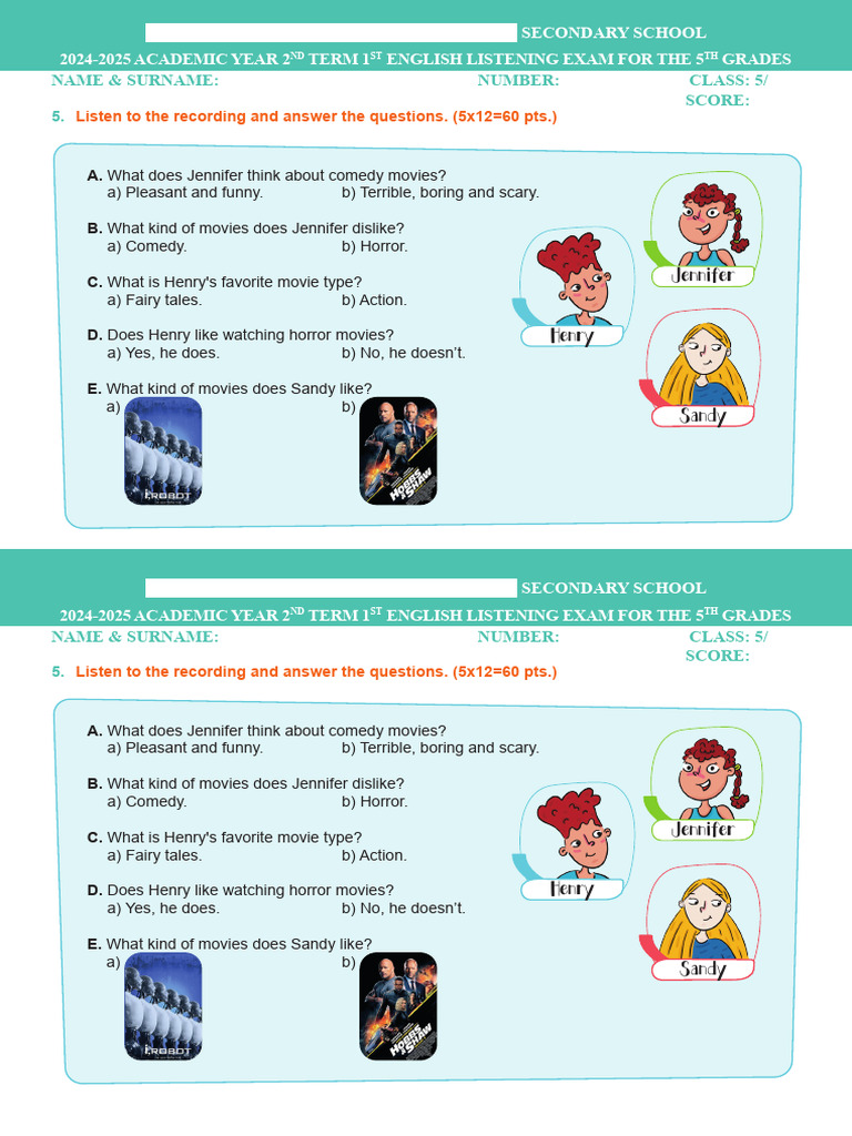 5th Grade English Listening Exam 2024 | PDF
