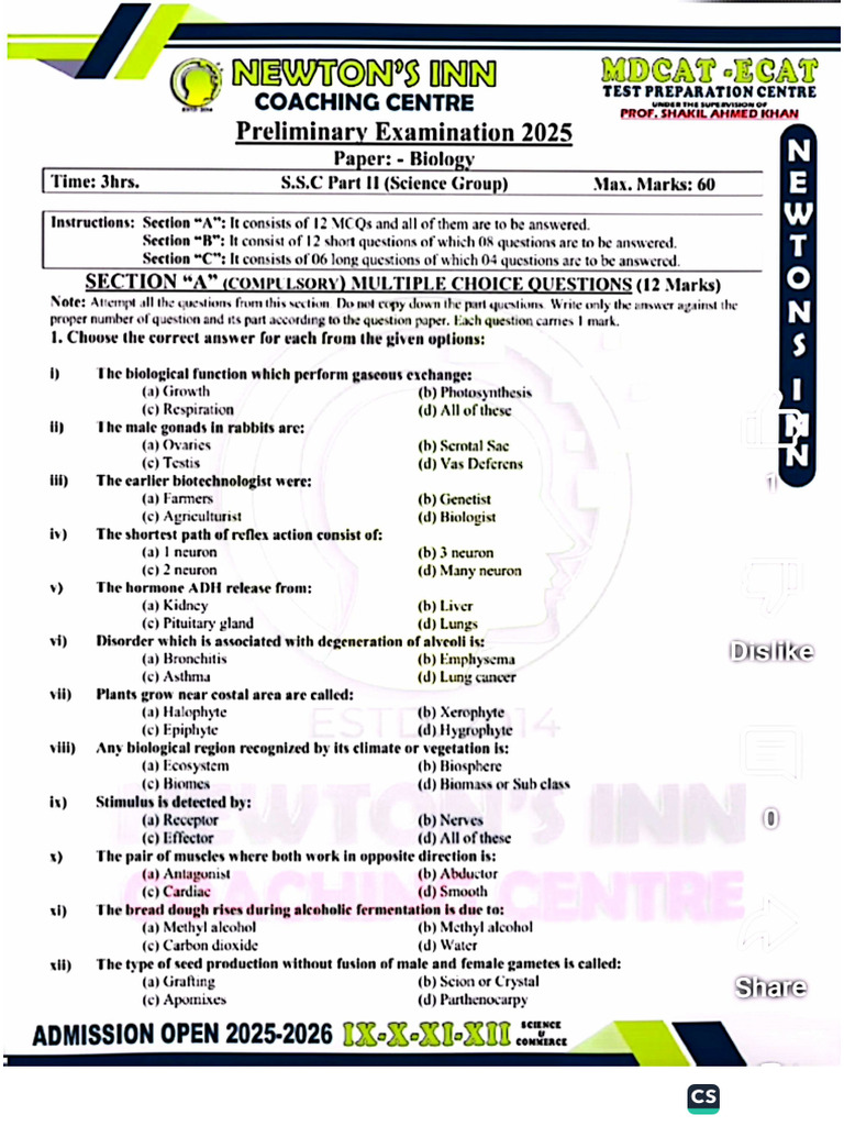 Niazi Class X Newtons Prelims Papers 2025 | PDF