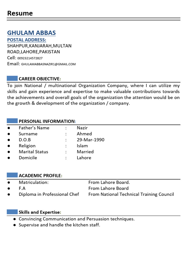 Head Chef Resume for Saggian Kababish | PDF