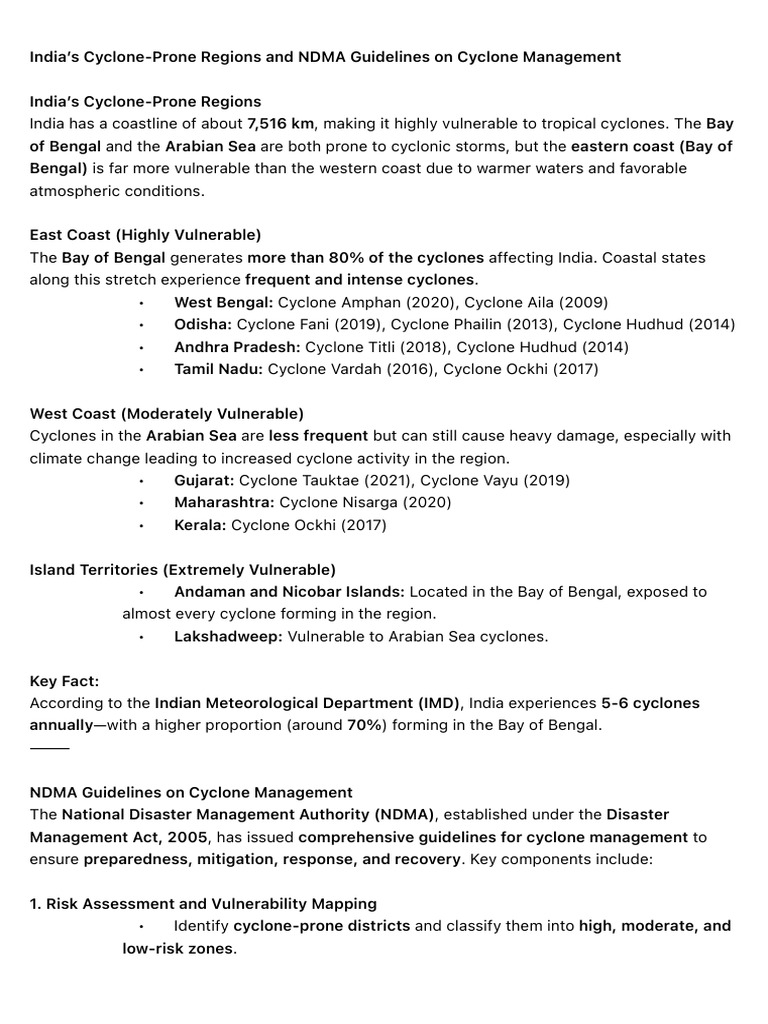 India's Cyclone-Prone Regions and NDMA Guidelines On Cyclone Management | PDF | Emergency ...