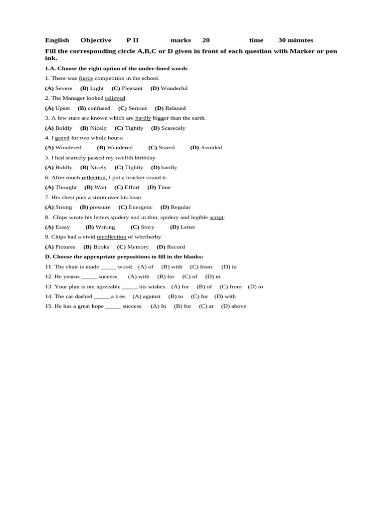 English Objective P II Marks 20 Time 30 Minutes | PDF