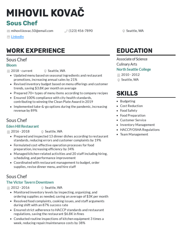 Sous Chef Resume Example | PDF | Chef | Restaurants