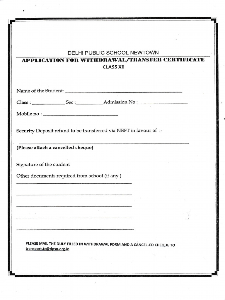 TC Withdrawal Form for DPS Newtown | PDF