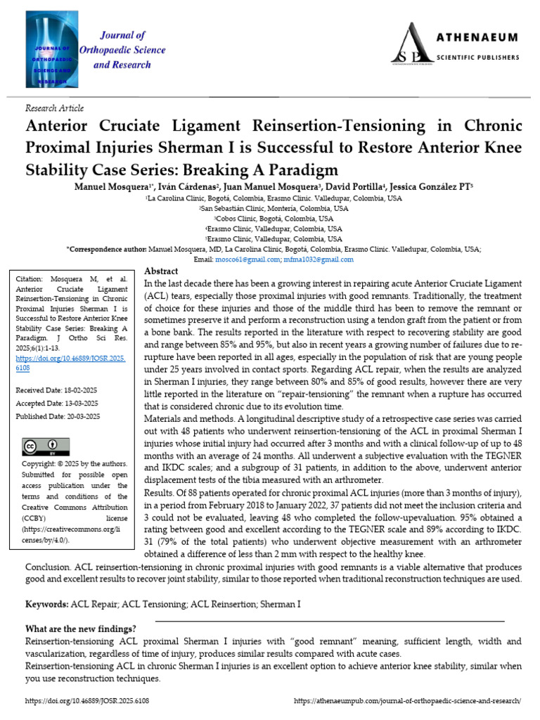 Anterior Cruciate Ligament Reinsertion Tensioning in Chronic Proximal ...