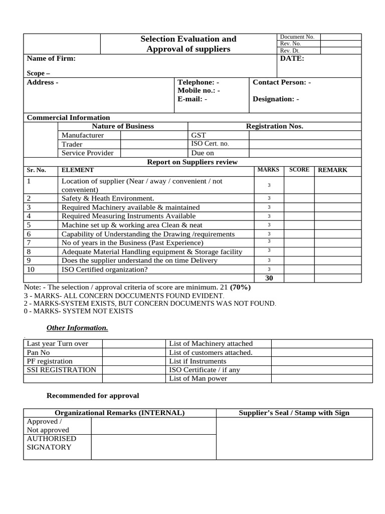Supplier Evaluation Form | PDF