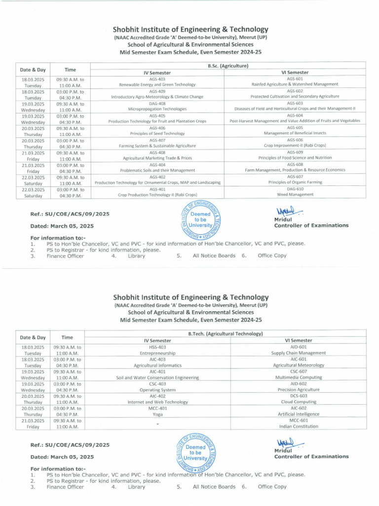 Mid Semester Exam Schedule (2nd Year Onwards) Even Semester 2024-25 | PDF