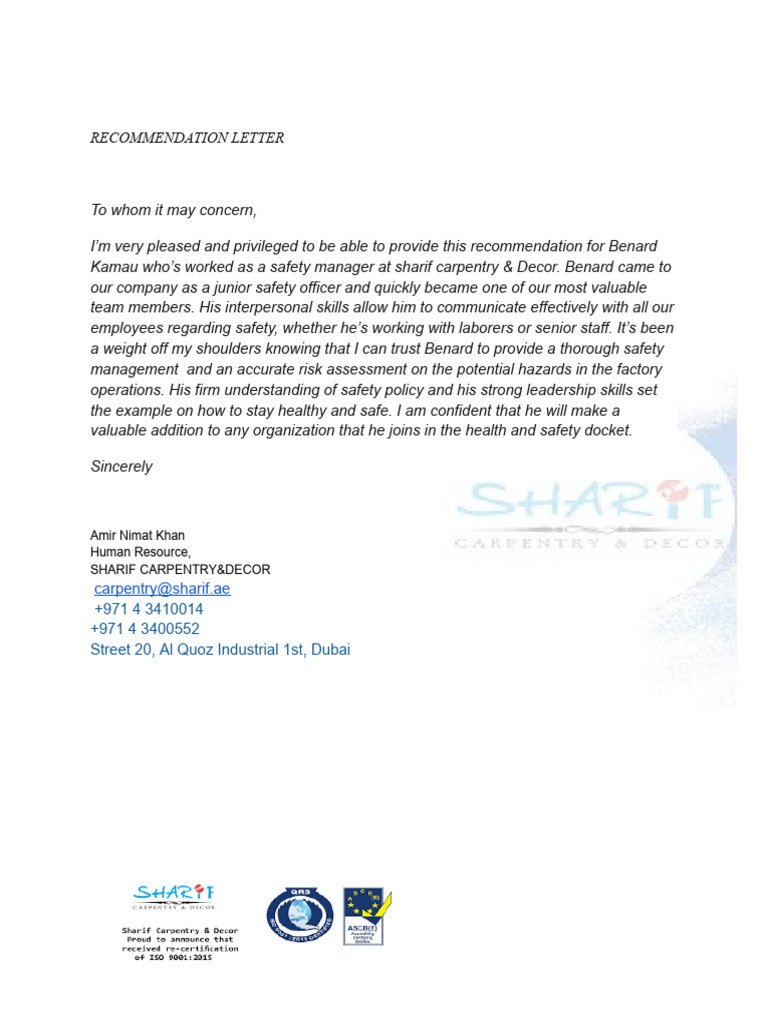 Benard Reccomendation Letter | PDF