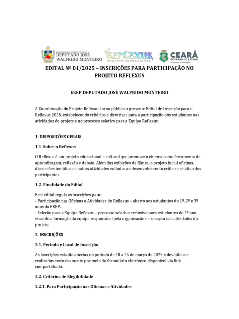 Inscrições Projeto Reflexus 2025 | PDF | Comunicação