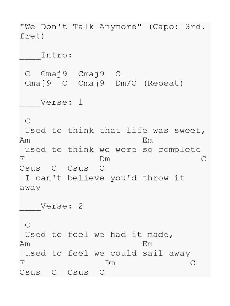 "We Don't Talk Anymore: Chords & Lyrics" | PDF | Elements Of Music ...