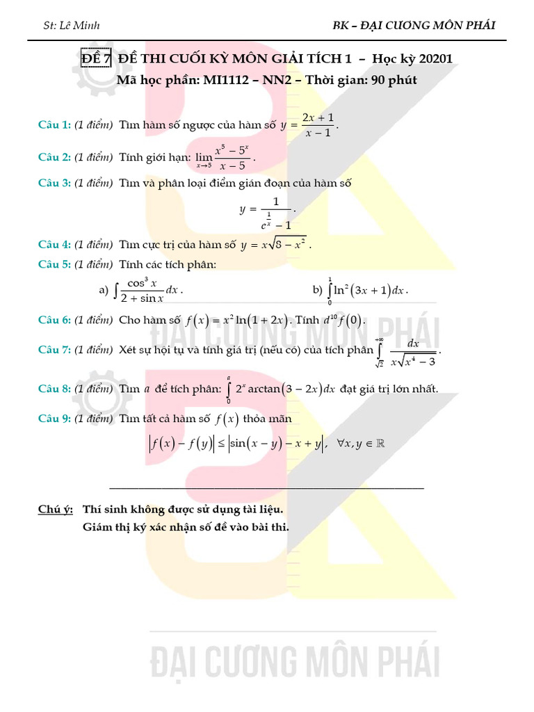 Giải chi tiết đề thi CK 20201 - GT1 - NN2 - Đề 07 | PDF
