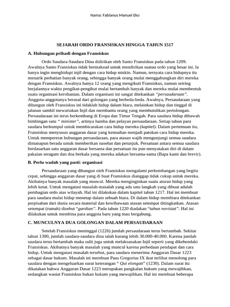 Sejarah Ordo Fransiskan hingga 1517 | PDF