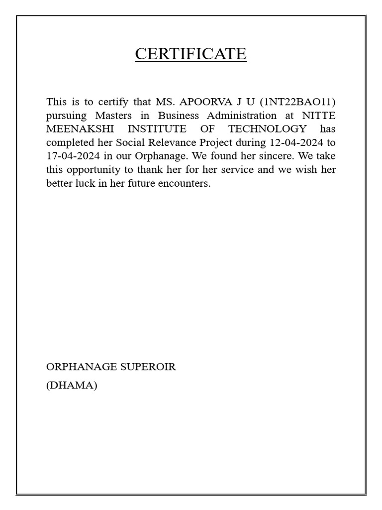 MBA Social Project Certificate for Apoorva | PDF