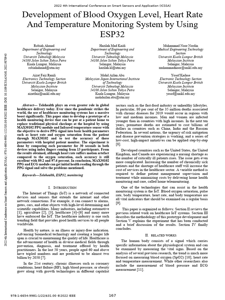 Development of Blood Oxygen Level Heart Rate and Temperature Monitoring System by Using ESP32 ...