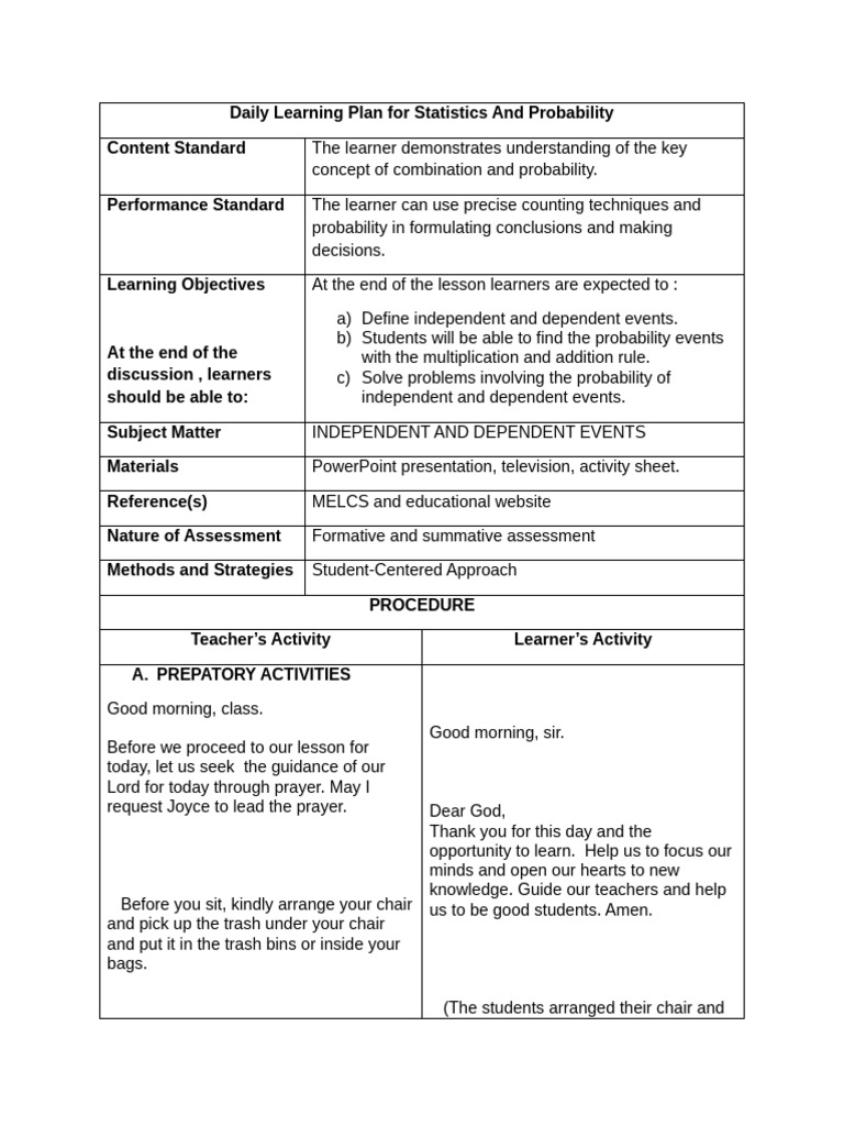 Daily Learning Plan For Statistics and Probability - 110137 | PDF ...