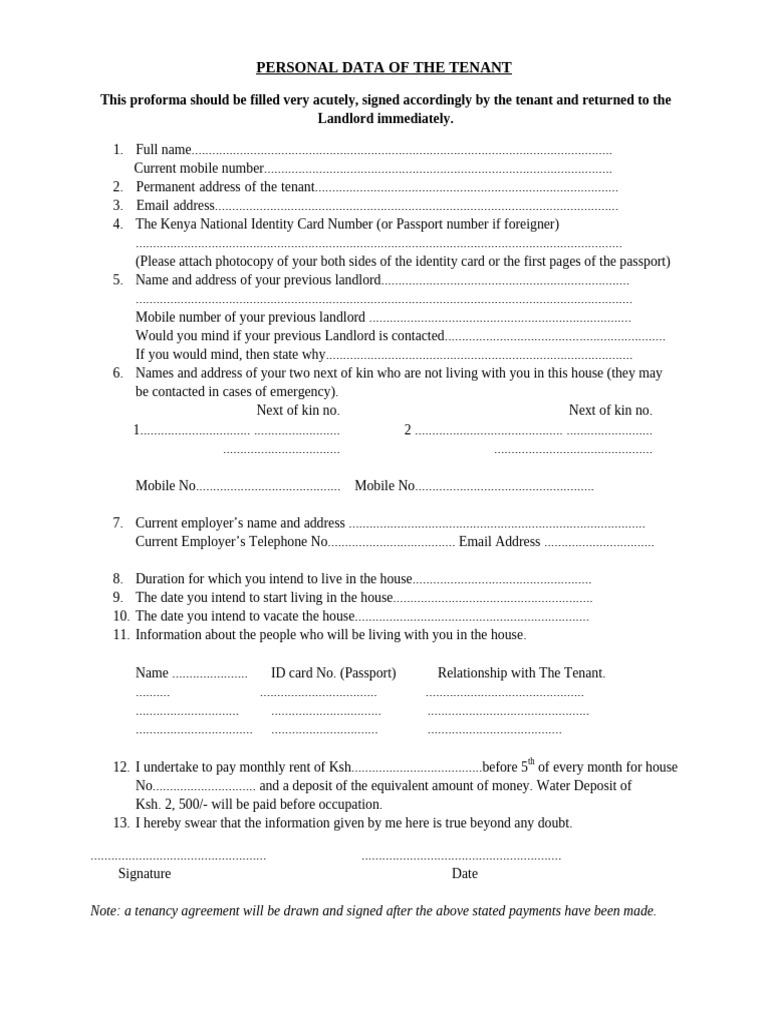 Tenant Personal Data Form | PDF | Leasehold Estate | Landlord