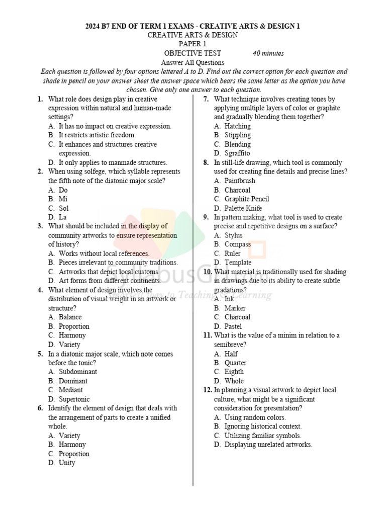 2024 B7 End Of Term 1 Exams Creative Arts & Design 1 (1) | PDF | Drawing