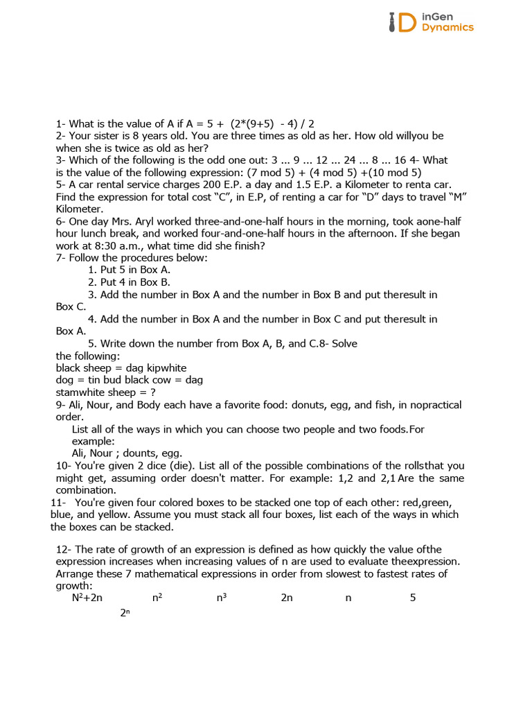 Ingen Dynamics - Programming Aptitude Assessment | PDF | Integer ...