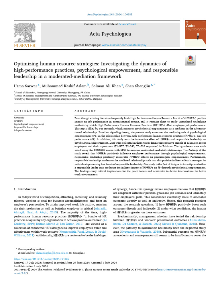 Acta Psychologica: Uzma Sarwar, Muhammad Kashif Aslam, Salman Ali Khan, Shen Shenglin | PDF ...