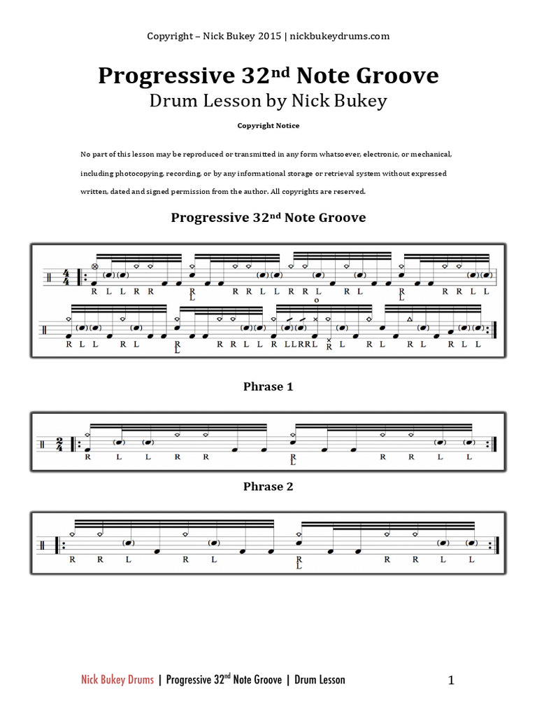 Progressive 32 Note Groove: Drum Lesson by Nick Bukey | PDF