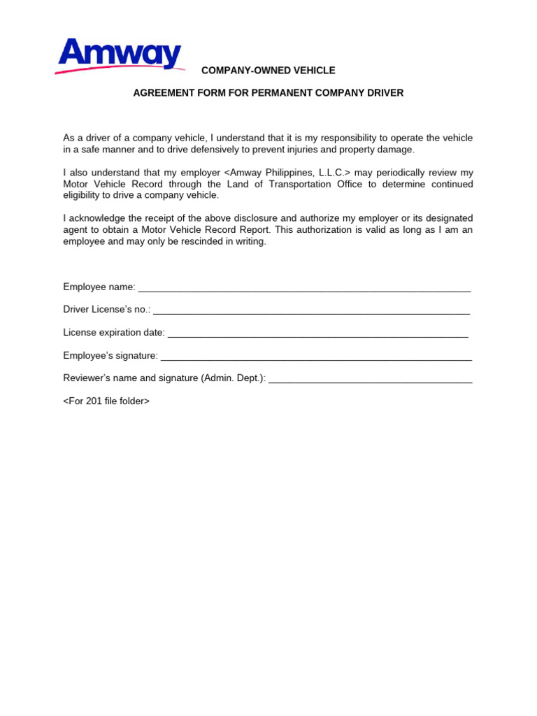 ADM - 0103 - Company Vehicle Agreement Form | PDF