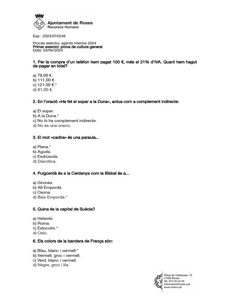 Agents Interins 2024 - C1 - Prova Cultura General - 03042024 | PDF