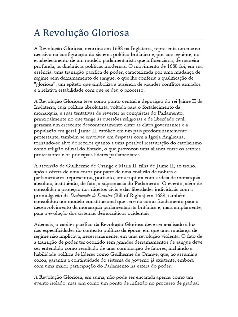 Revolução Gloriosa: Mudança Política em 1688 | PDF | Ciência Política