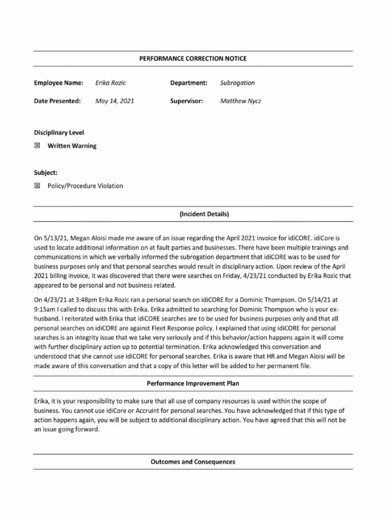 Erika Rozic Written Warning | PDF