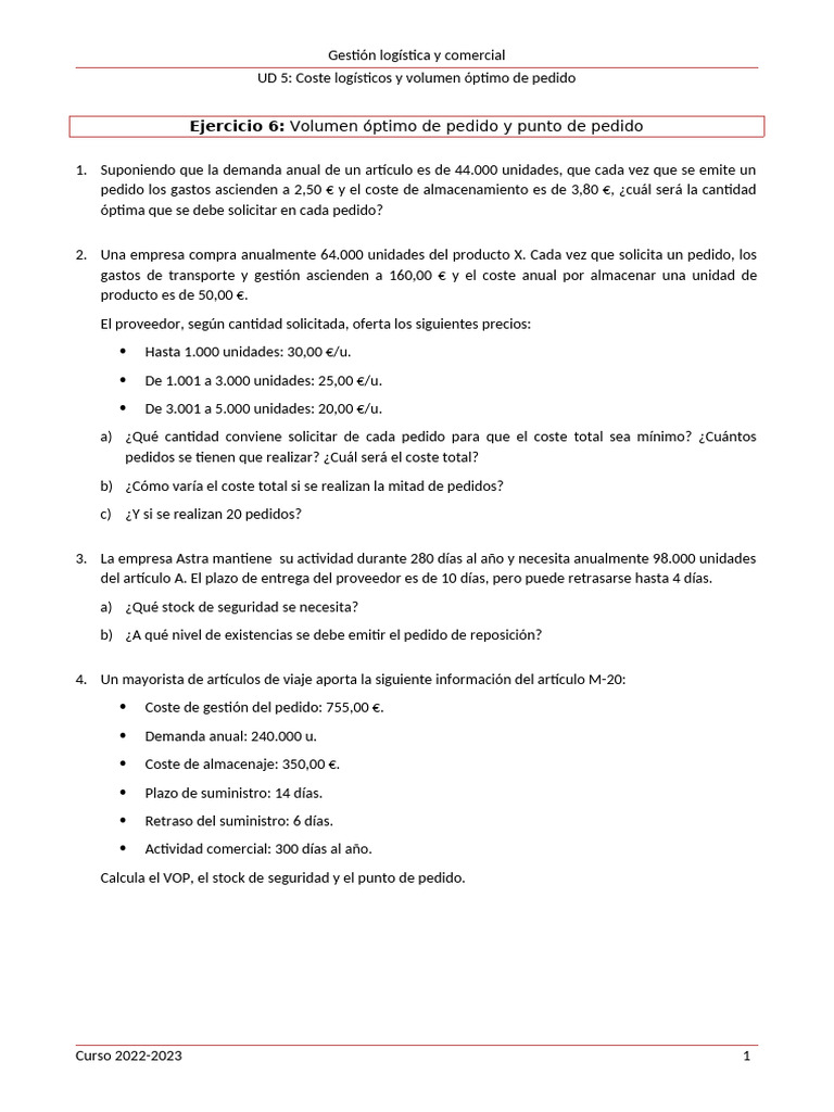 EJ5.6-Volumen Óptimo de Pedido y Punto de Pedido | PDF