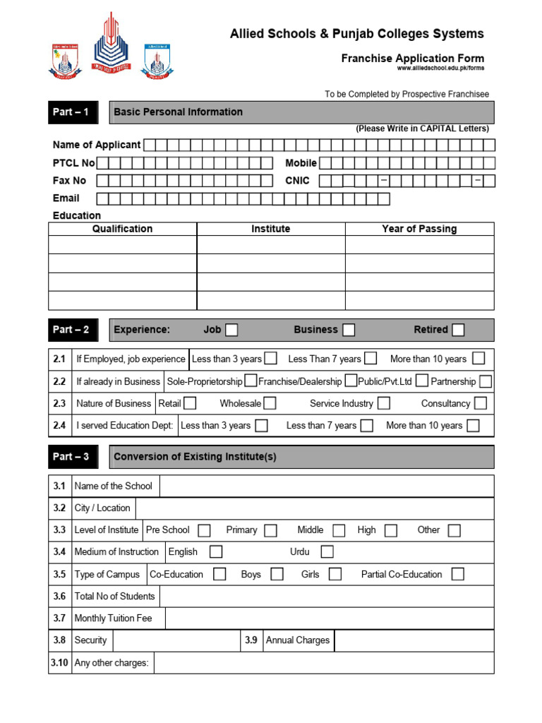 Allied Schools Franchise Application Form | PDF | Franchising