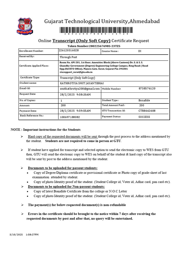 226120316028_Transcript (Only Soft Copy)_Recipt (1) | PDF | Access ...