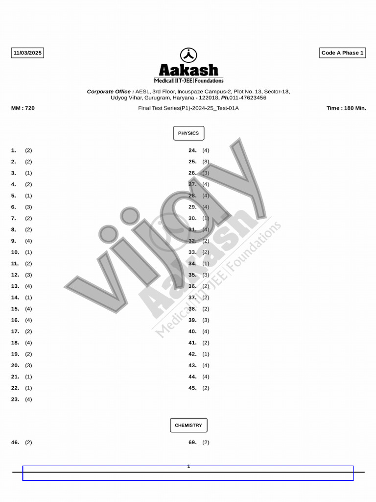 Fts 1 Code A Viju Phase 1 Ans @cet - Jee - Neet | PDF