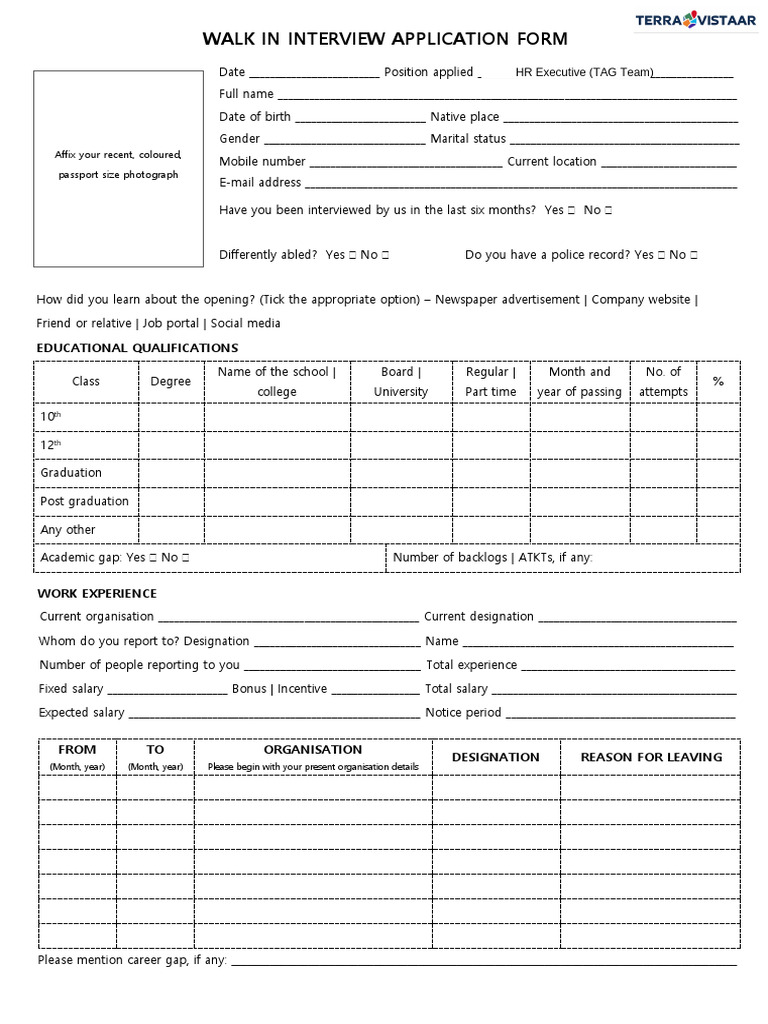 Walk-In Interview Application Form | PDF