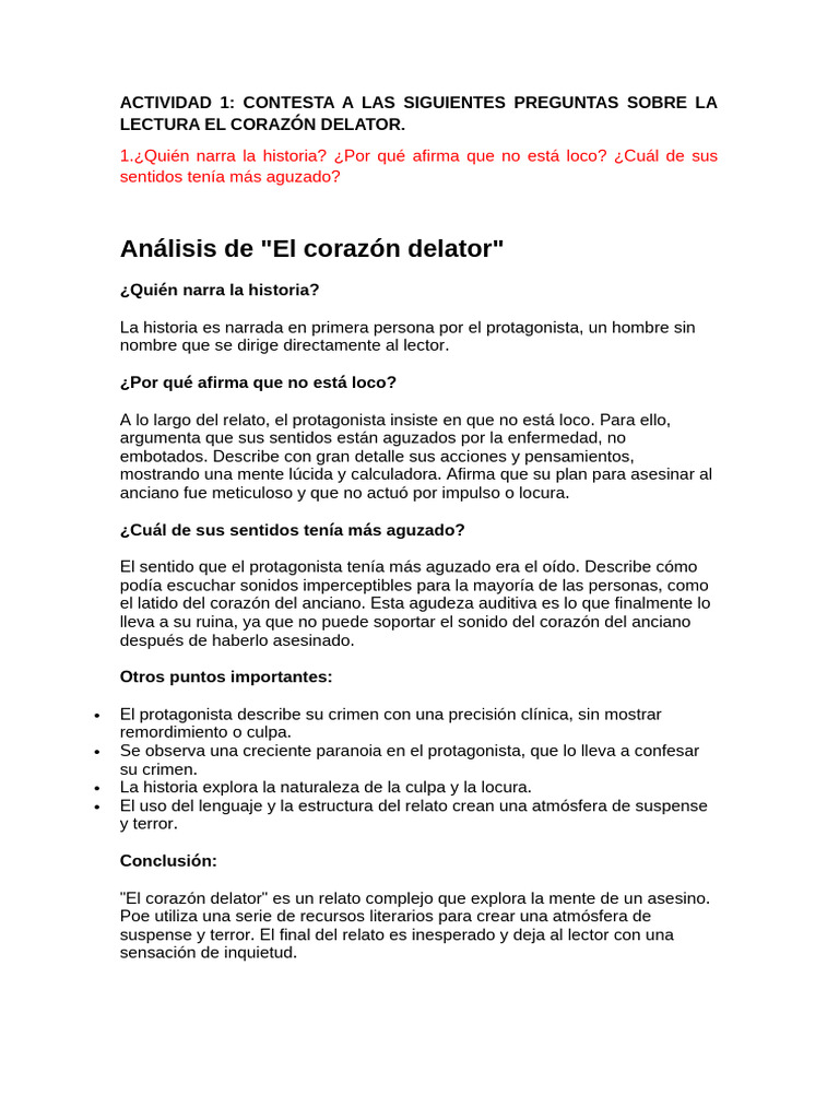 Actividades El Corazon Delator | PDF | Predicado (Gramática) | Verbo