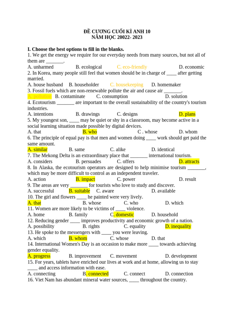 ĐỀ CƯƠNG CUỐI KÌ ANH 10 | PDF | Sea | Water