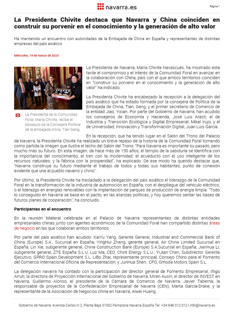 La Presidenta Chivite Destaca Que Navarra y China Coinciden en ...