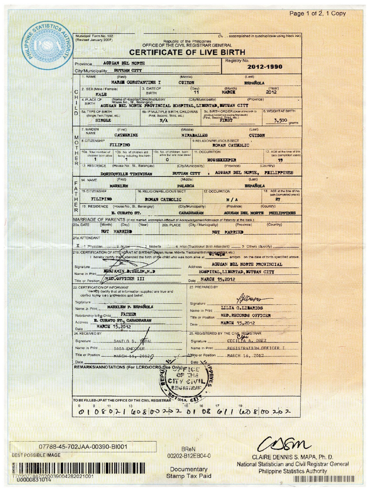 Birth Cert Mash Constantine Cuizon | PDF