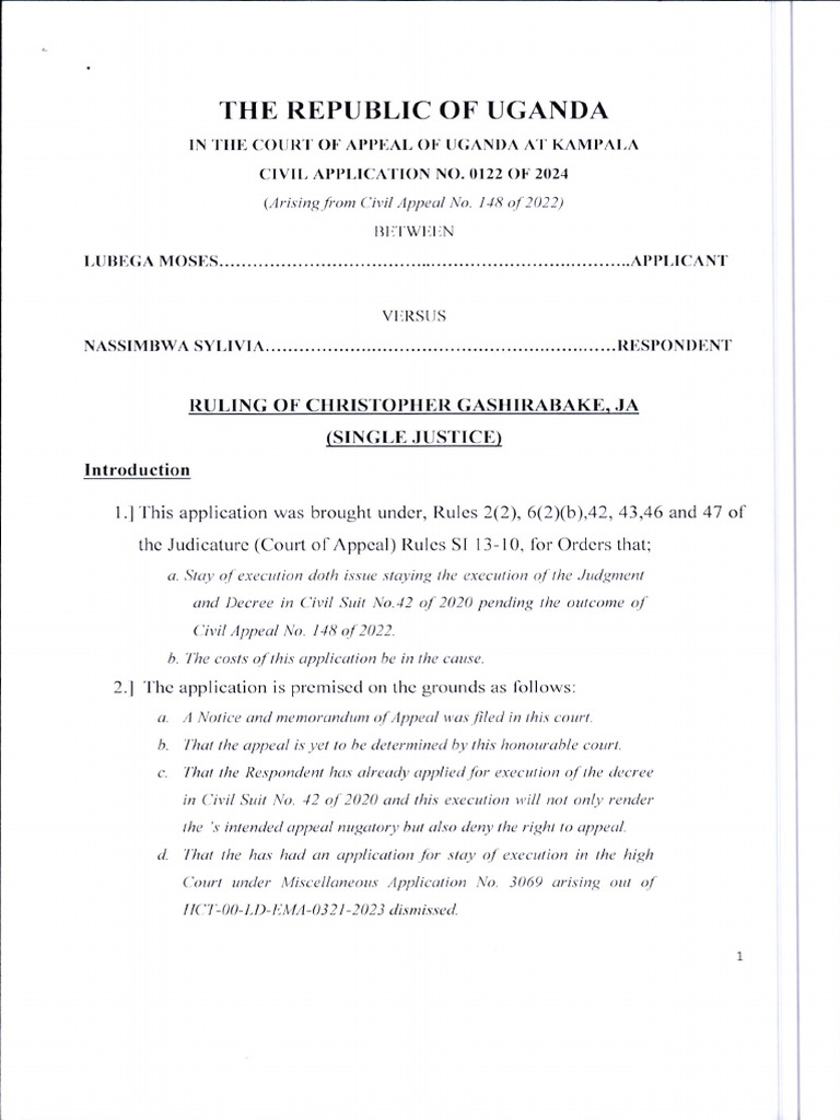 Lubega V Nassimbwa 2024 UGCA 219 (21 August 2024) - 1 | PDF