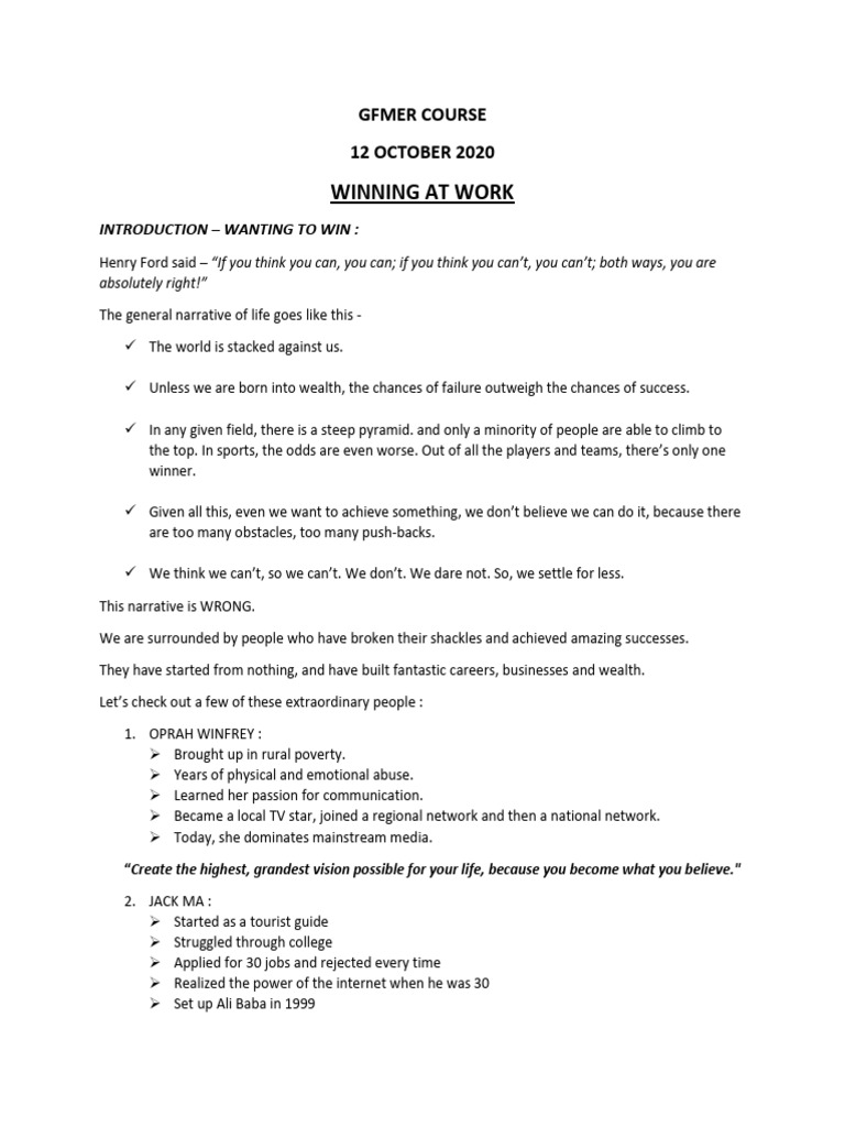 Winning at Work Handout 2020 | PDF | Situation Awareness | Awareness