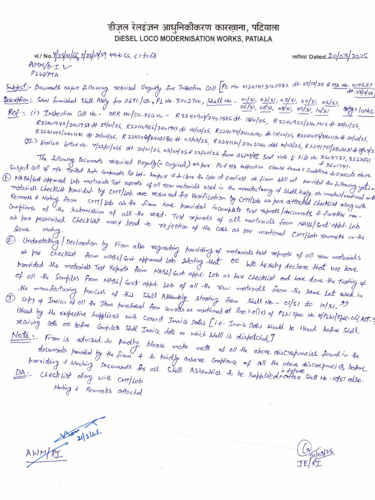 Documents Reqd by CMT LAB As Per Check List & Attached Letter For DETC Shells Trident From 01-51 ...