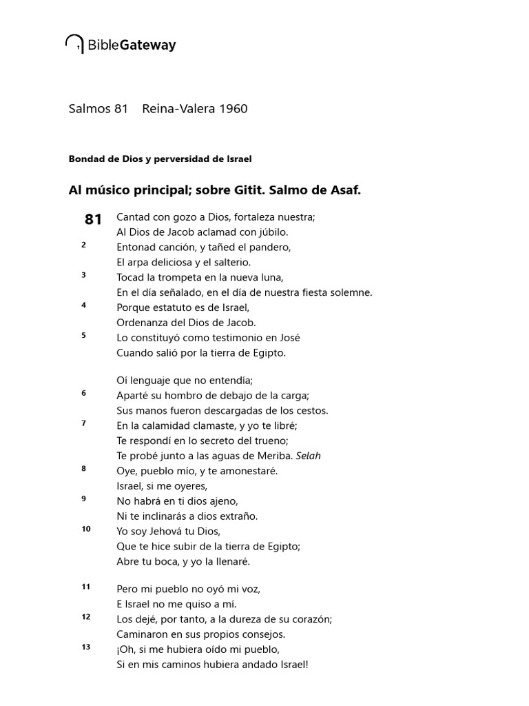 Salmos 81 RVR1960 - Bondad de Dios Y Perversidad de Israel | PDF