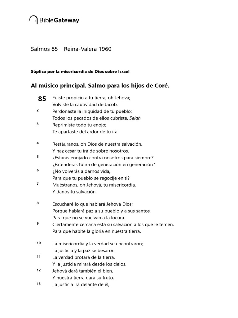 Salmos 85 RVR1960 - Súplica Por La Misericordia de Dios | PDF